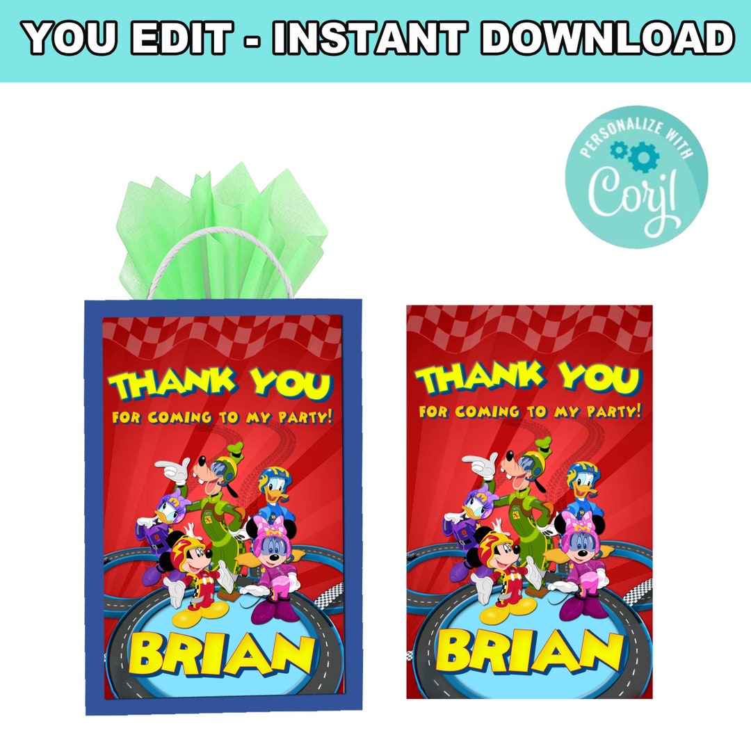 Mickey Mouse Roadster Races Gift Favor Bag Label | Self-editing ...