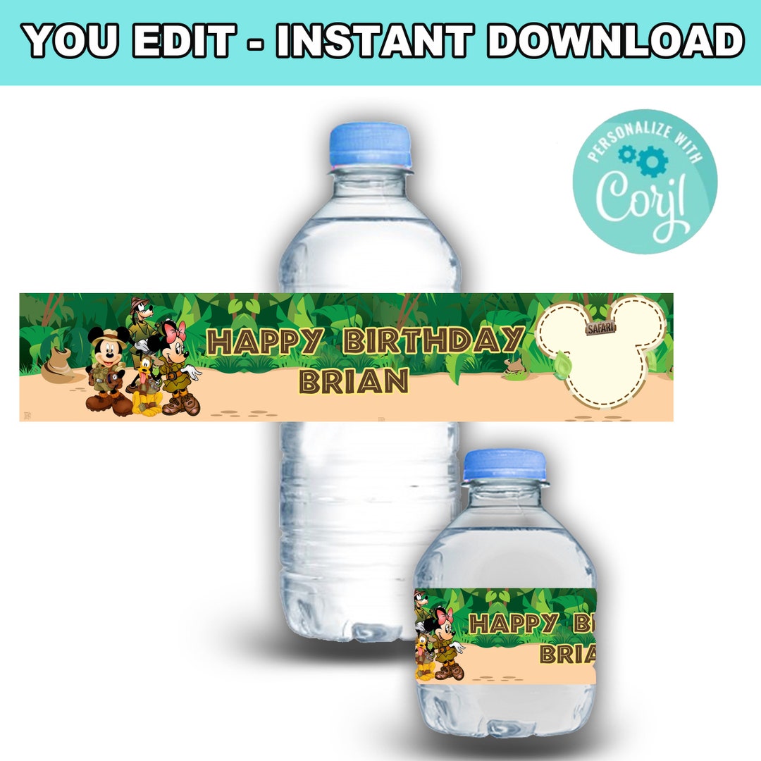 Mickey Mouse Safari Water Bottle Labels | Self-editable Instant Digital ...