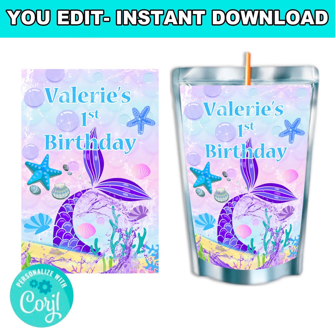 Mermaid Tail Digital Juice Pouch Labels Instant Download Self-editable ...