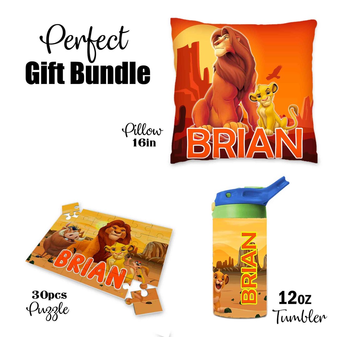 Lion King Gift Bundle for Kids Custom Name Puzzle 16in Pillow and 12oz ...