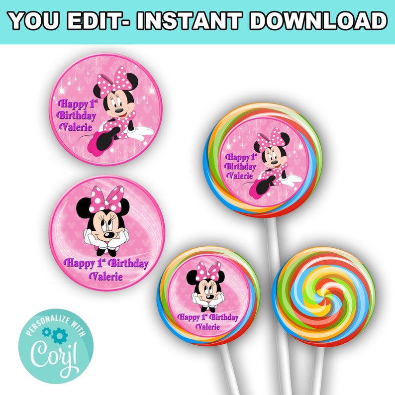 Minnie Mouse Round Stickers Instant Download Editable With - Etsy
