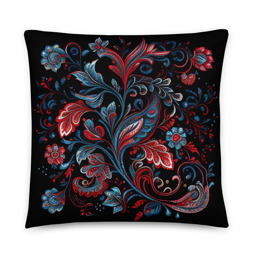 Mystical Red and Blue Floral Pillow | Decorative Décor | Pre Stuffed ...