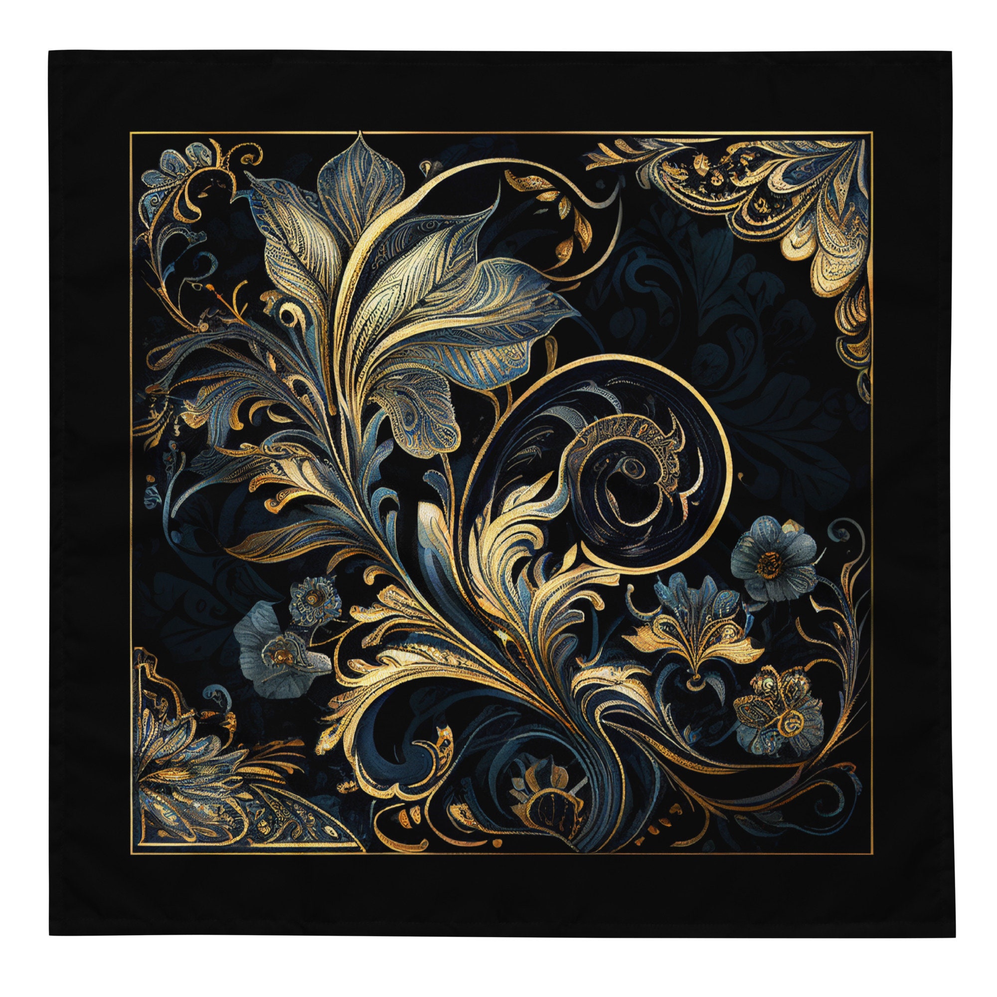 Blue and Gold Floral Paisley Bandana - Etsy