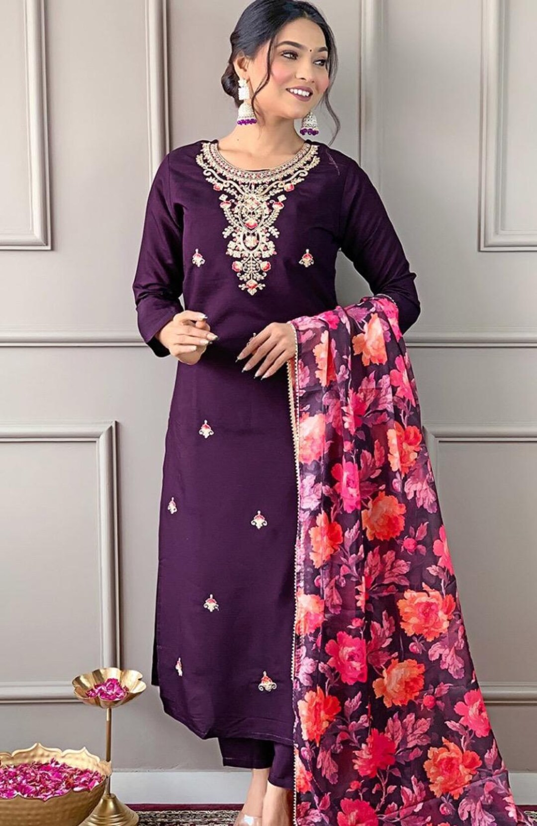 Purple Floral Kurta With Trouser and Dupatta Floorlength Suit Bridal ...
