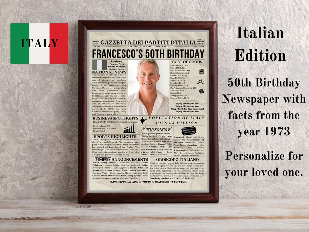 Italian 50th Birthday Newspaper Keepsake Gift, Personalized Gift Idea ...