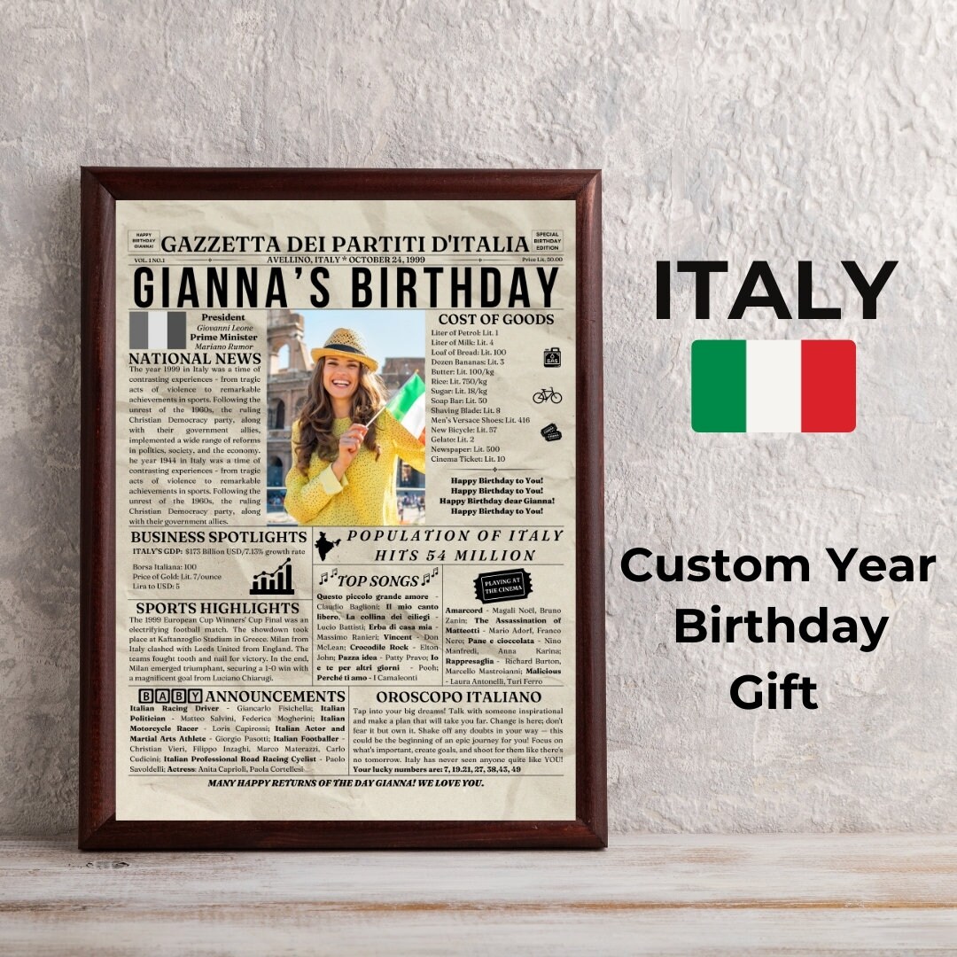 Birthday Newspaper Poster, Gift Ideas Italian, Italia Birthday Gift for ...