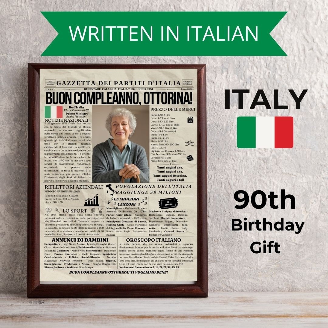 Italian 90th Birthday Newspaper for Nonno Nonna in Italian; Regalo ...