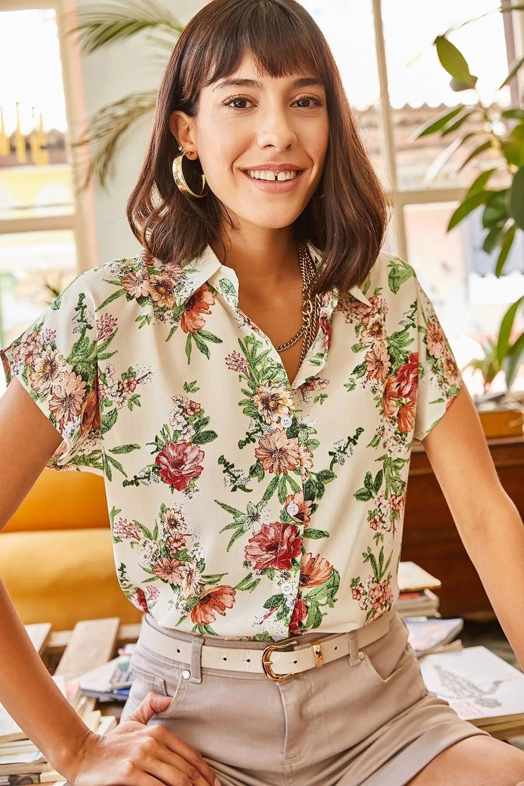 Floral & Blatt Muster Vintage Viskose Frauen Bluse, Bluse Vintage ...