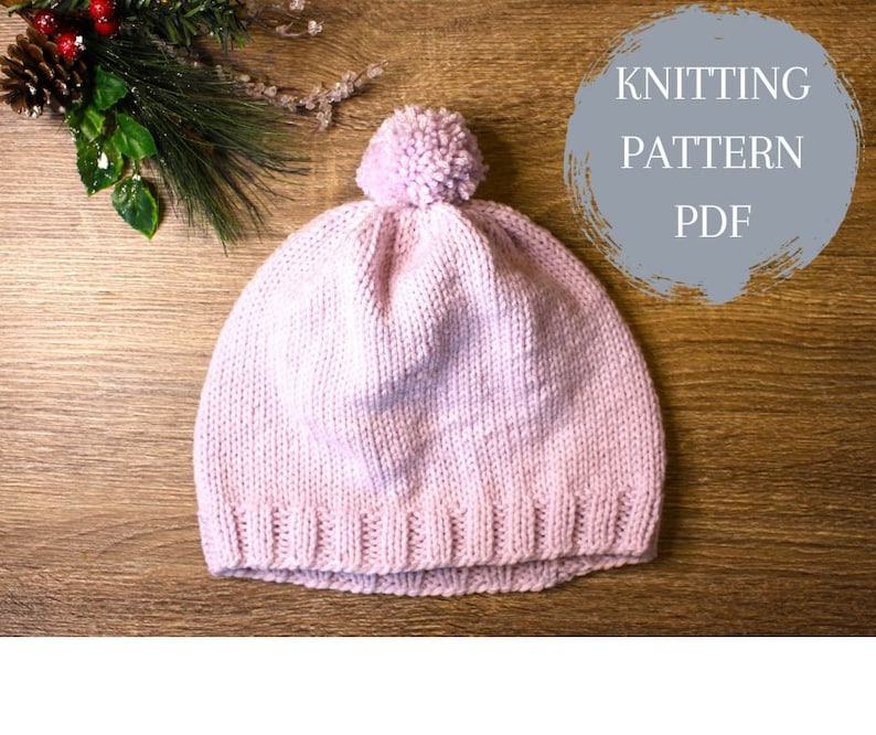 BASIC HAT Easy Simple Basic Hat Knitting Pattern Digital Download Unisex Rib Pompom Winter Knit ...