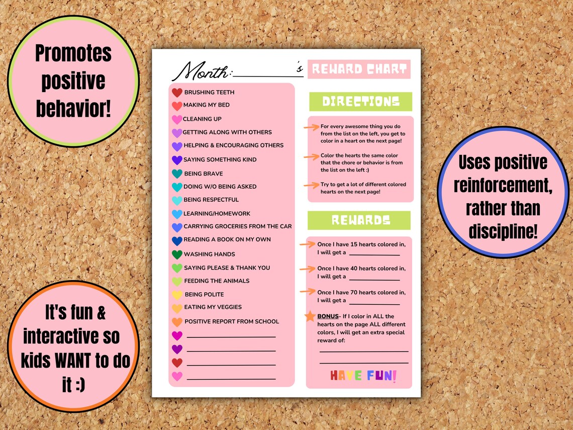Printable Heart Reward Chart for Kids | Daily Chore Chart | Behavior ...