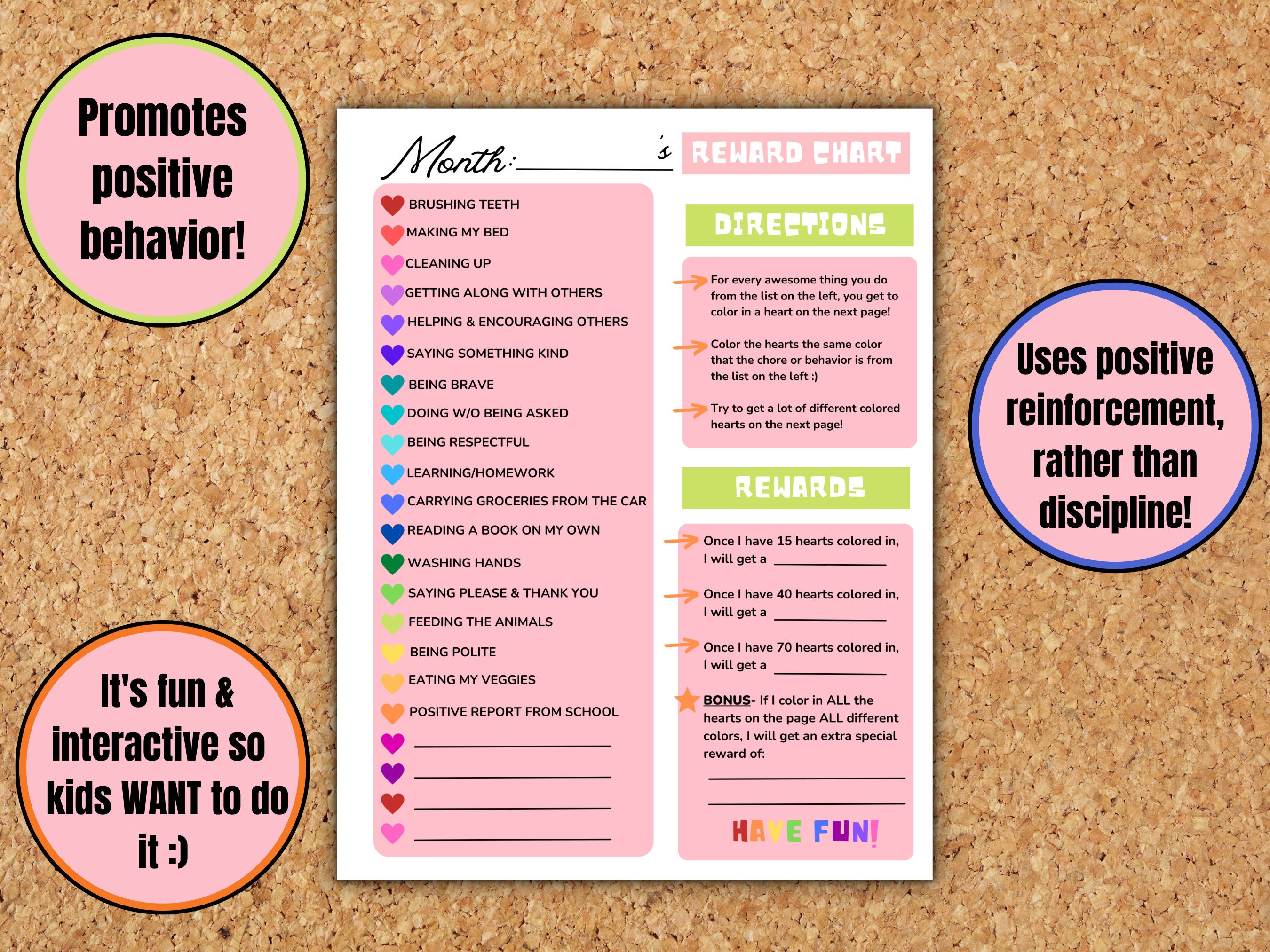 Printable Heart Reward Chart for Kids | Daily Chore Chart | Behavior ...