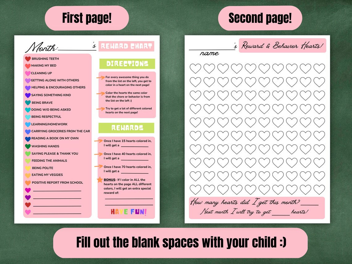 Printable Heart Reward Chart for Kids | Daily Chore Chart | Behavior ...