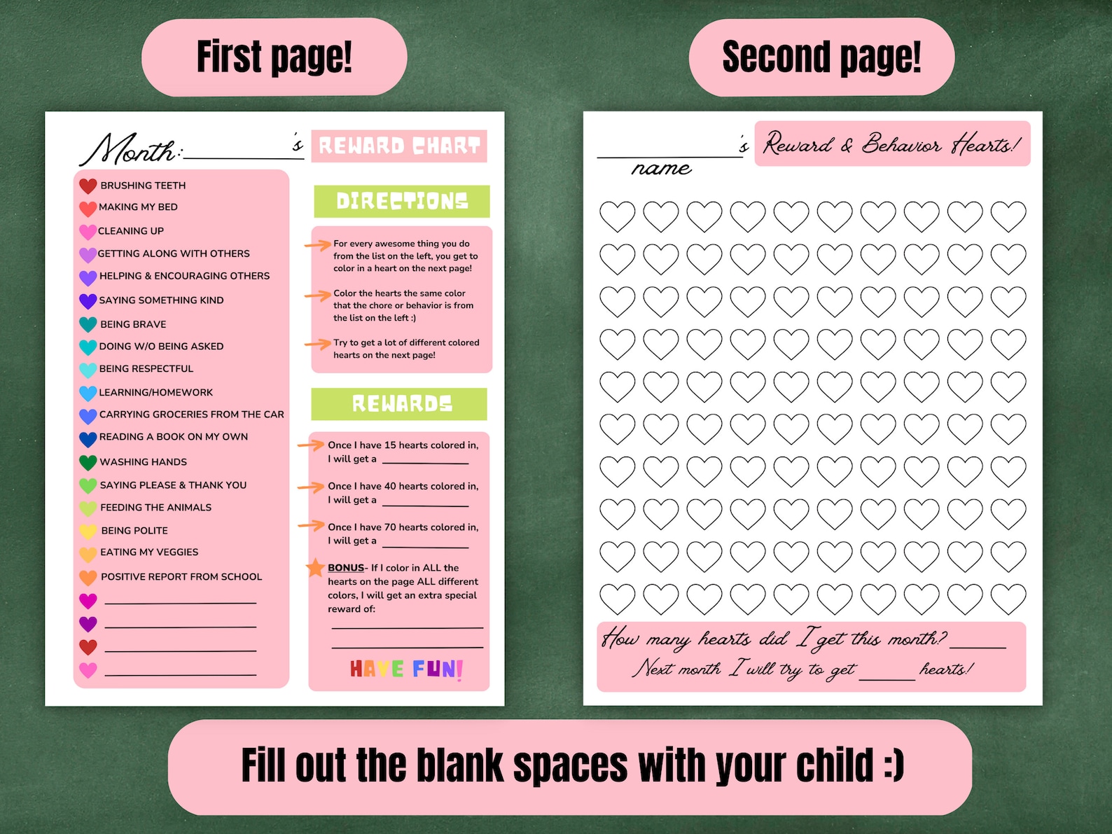 Printable Heart Reward Chart for Kids | Daily Chore Chart | Behavior ...