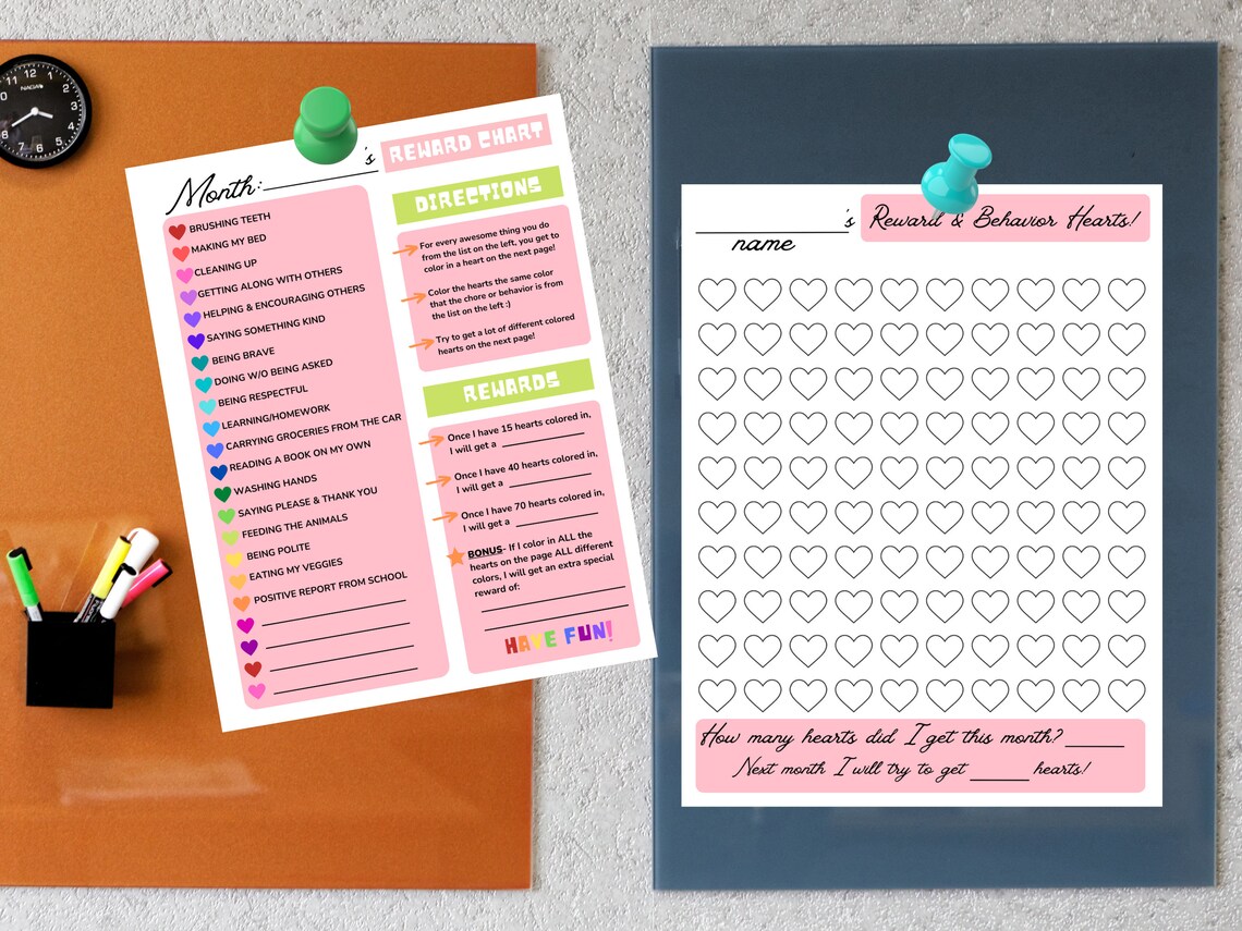 Printable Heart Reward Chart for Kids | Daily Chore Chart | Behavior ...