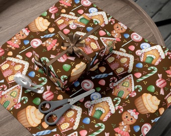 Gingerbread House Candy Theme Wrapping Paper Roll and Sheets, Pink ...