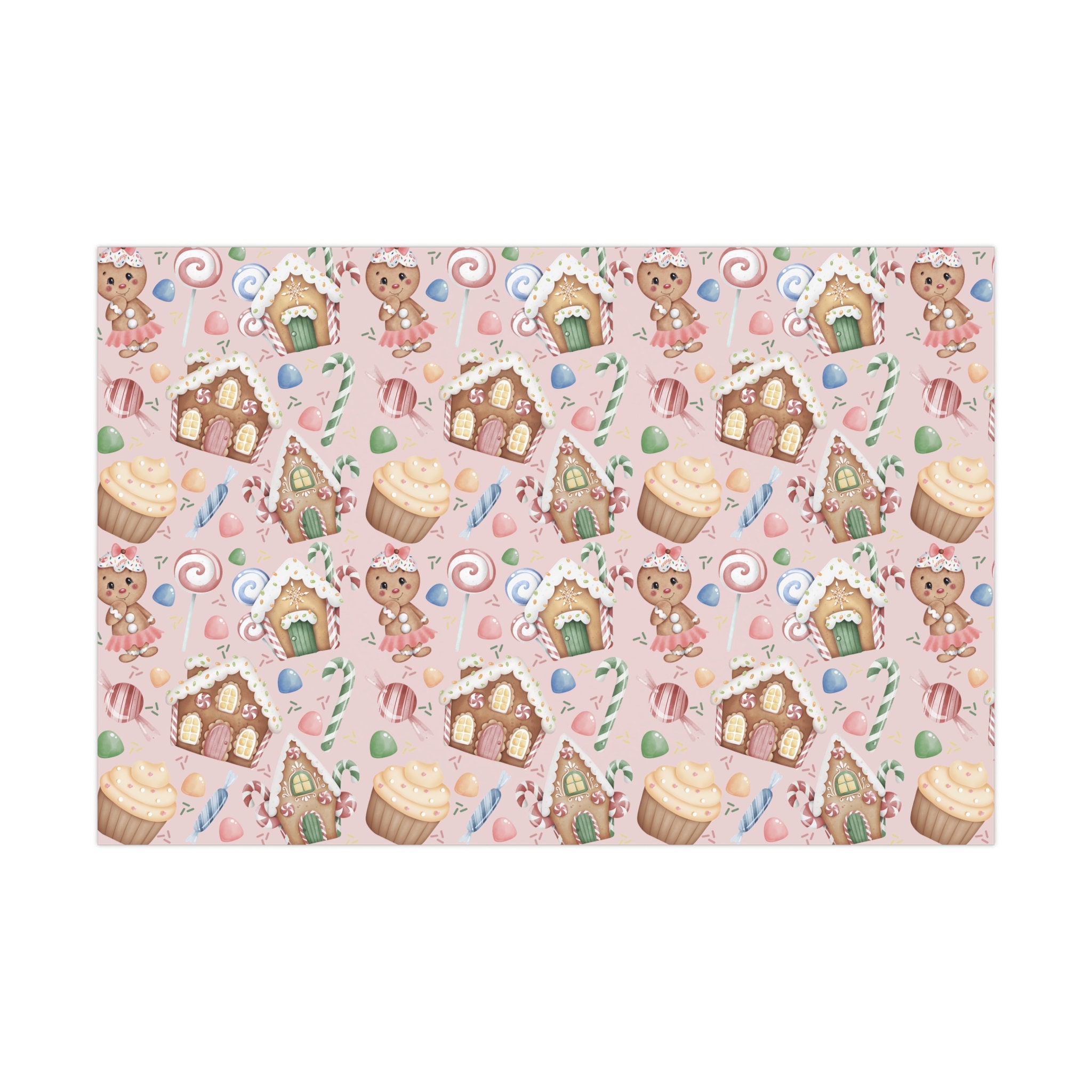 Gingerbread House Candy Theme Wrapping Paper Roll and Sheets, Pink ...