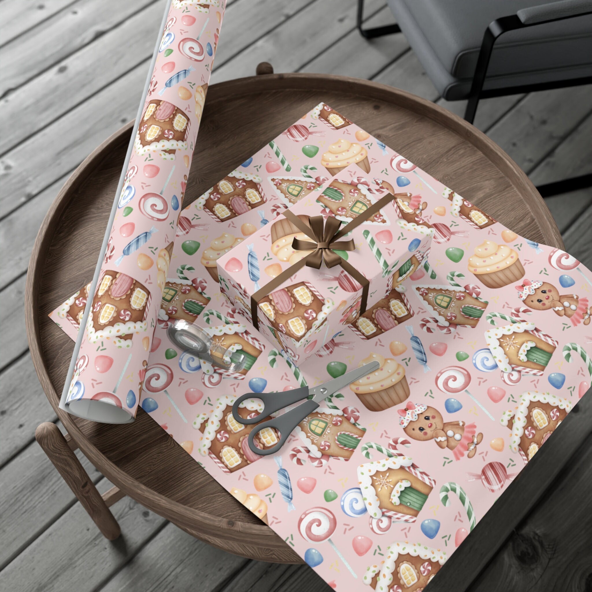 Gingerbread House Candy Theme Wrapping Paper Roll and Sheets, Pink ...