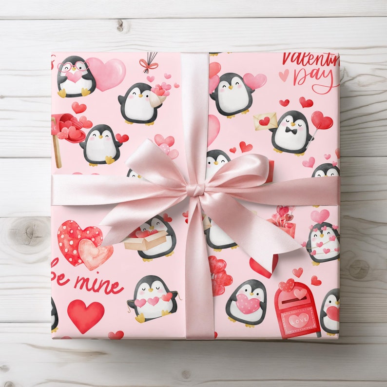 Valentine's Day Penguin Wrapping Paper Roll and Sheets, Love Party ...