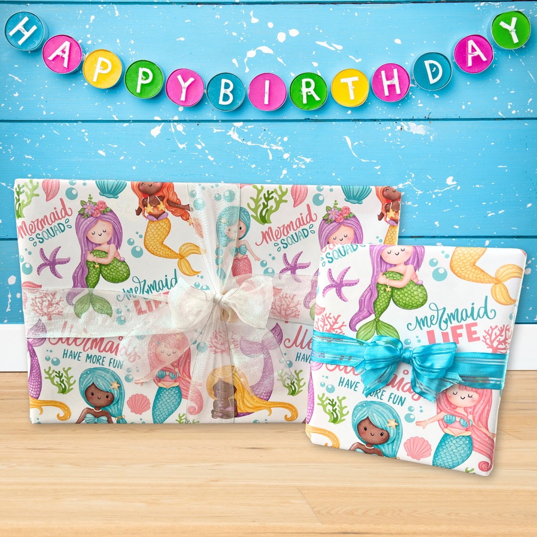 Mermaid Birthday Wrapping Paper Roll and Sheets, Girls Swimming Pool ...