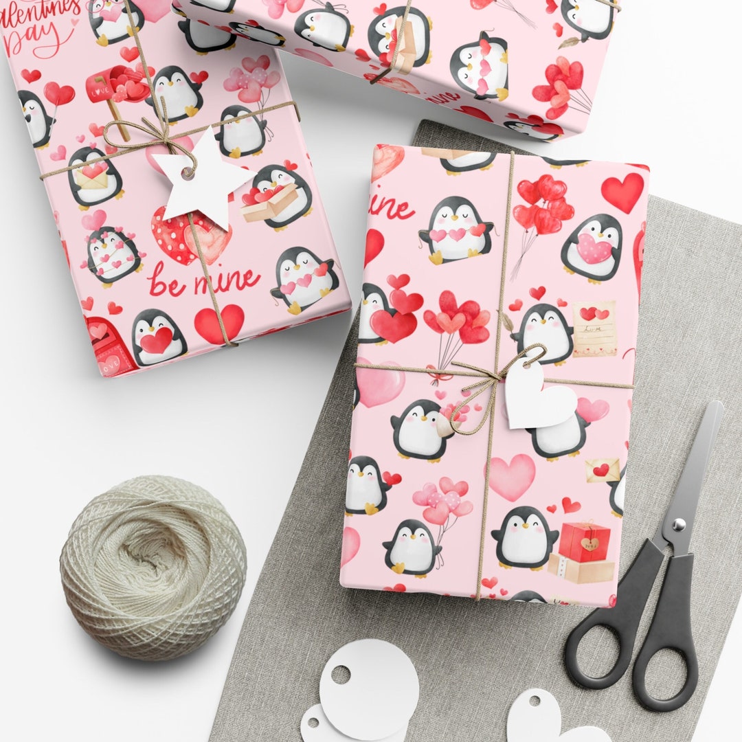 Valentine's Day Penguin Wrapping Paper Roll and Sheets, Love Party ...