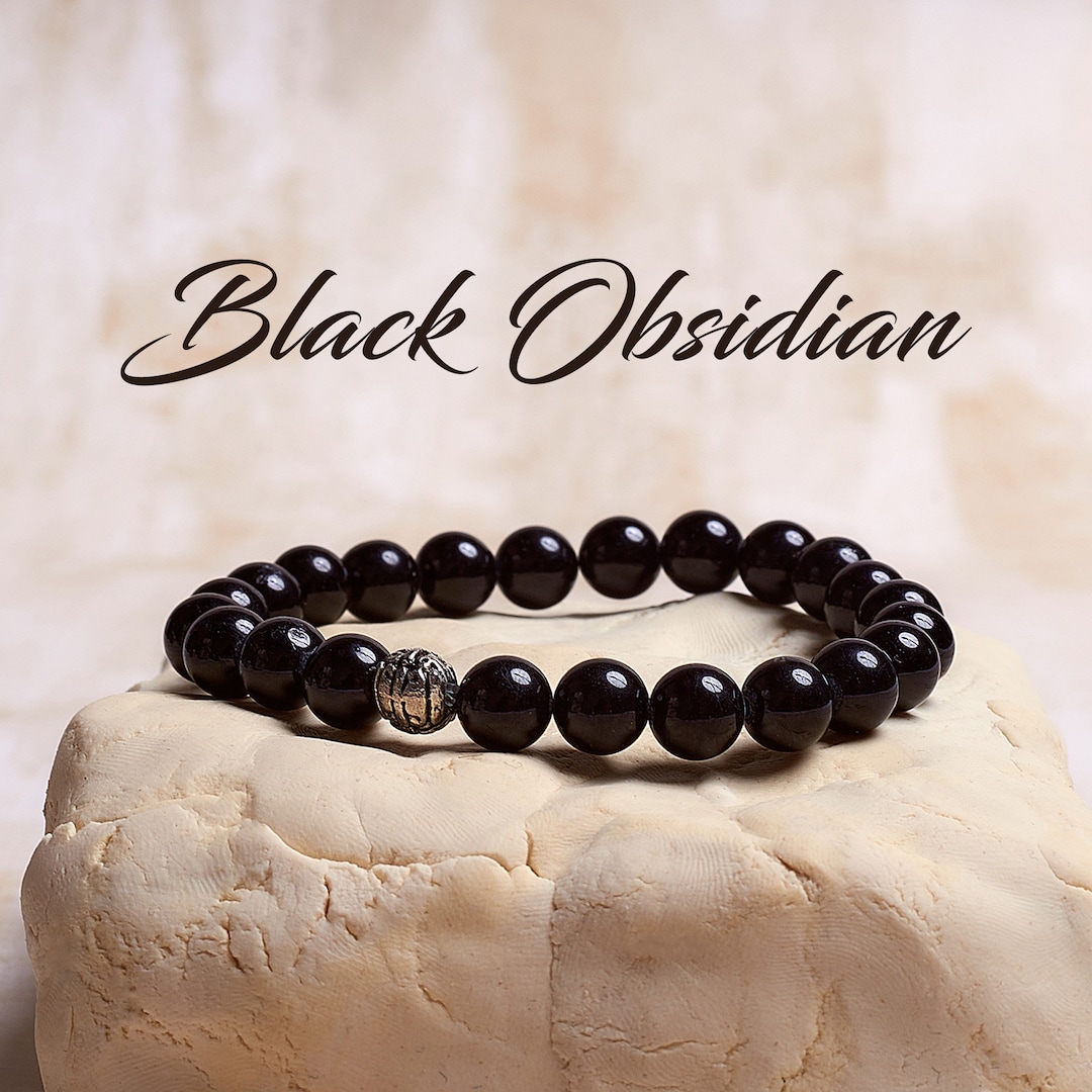 Black Obsidian Crystal Bracelet, Beaded Gemstone Bracelet, Stackable ...