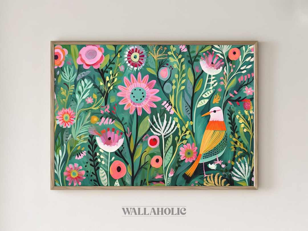 Printable Cartoon Bird in a Flowery Forest - Folk Art - Vibrant ...