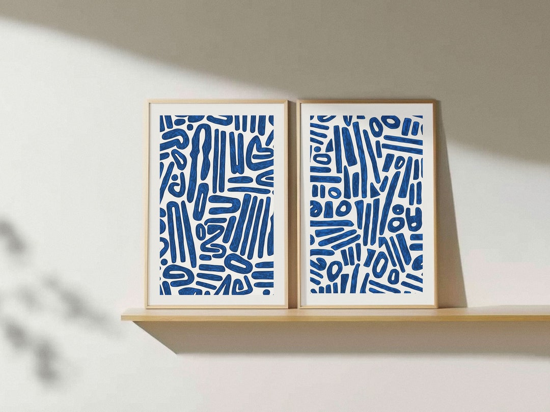 Blue Abstract Wall Art, Printable Wall Art Set of 2, Navy Blue Wall Art, Living Room Art, Mid ...