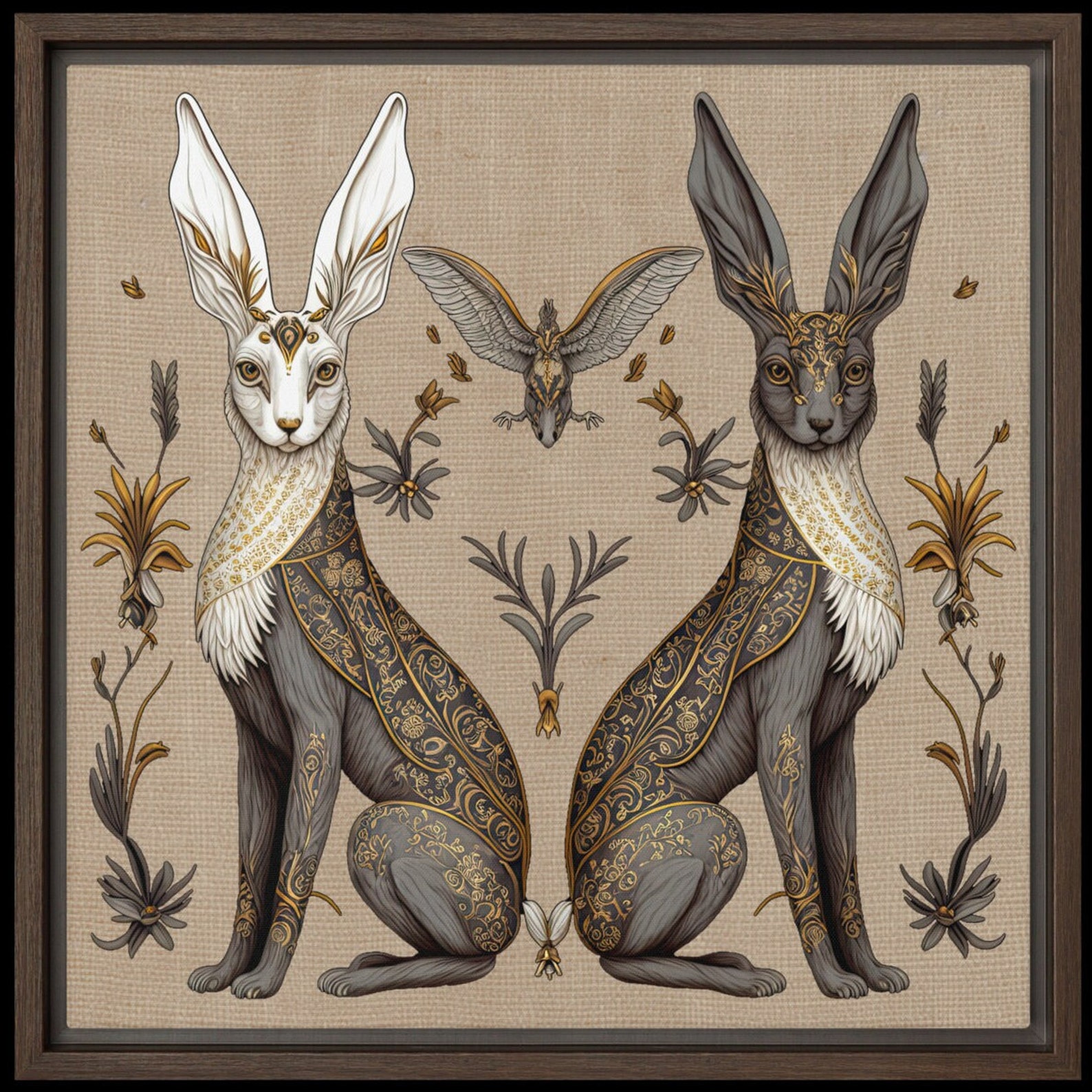 Two Rabbits Folk Art Print Hare Nature Illustration Witchy Celestial ...