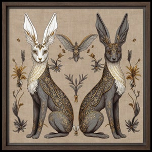 Two Rabbits Folk Art Print Hare Nature Illustration Witchy Celestial ...