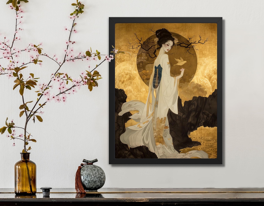 Golden Geisha With Bird Japanese Folklore Poster Mythical Oriental Wall ...