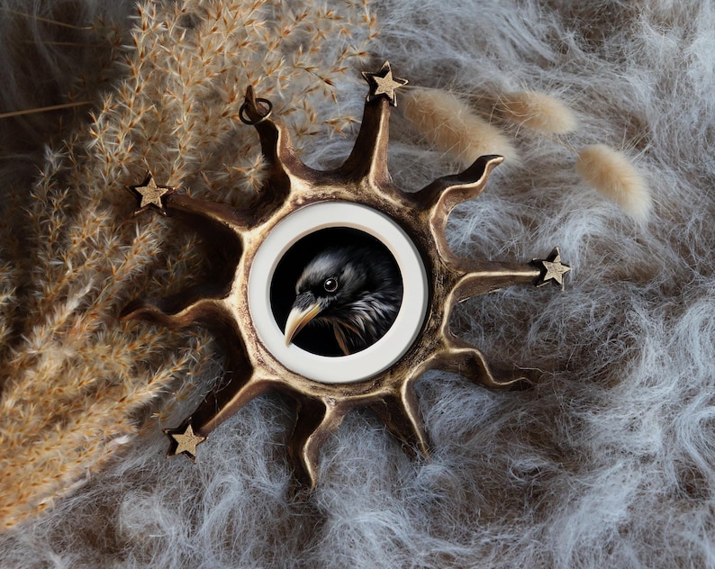 Raven Bird Portrait in Celestial Sun Frame Miniature Dark Animal ...