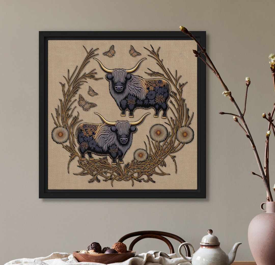 Two Highlands Cow Folk Art Print Nature Illustration Witchy - Etsy