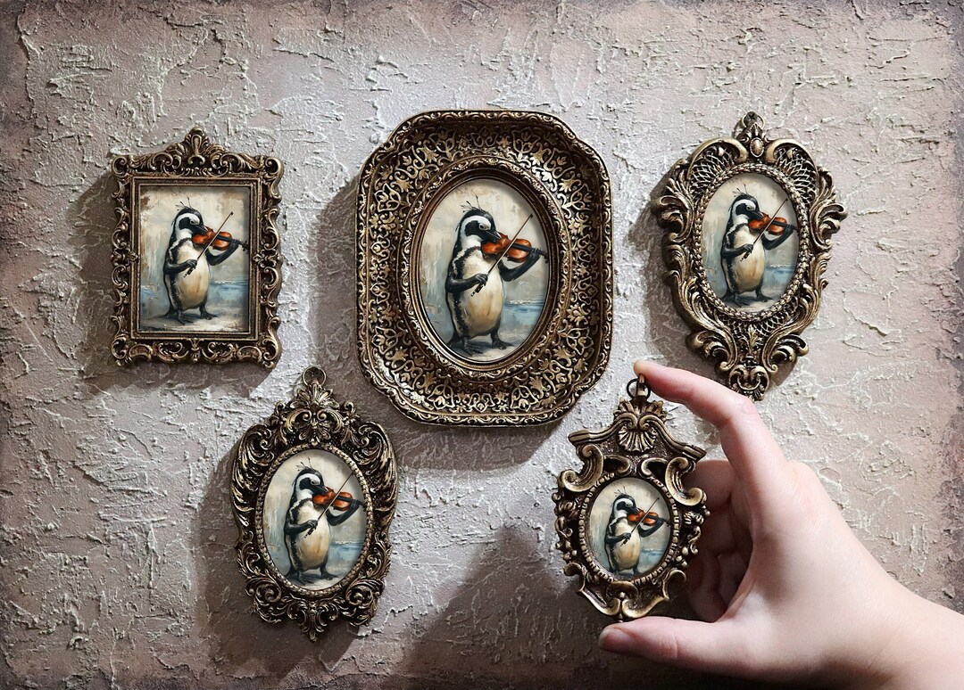 Penguin Plays Fiddle Wall Art Small Cute Animal Miniature Painting Oil ...