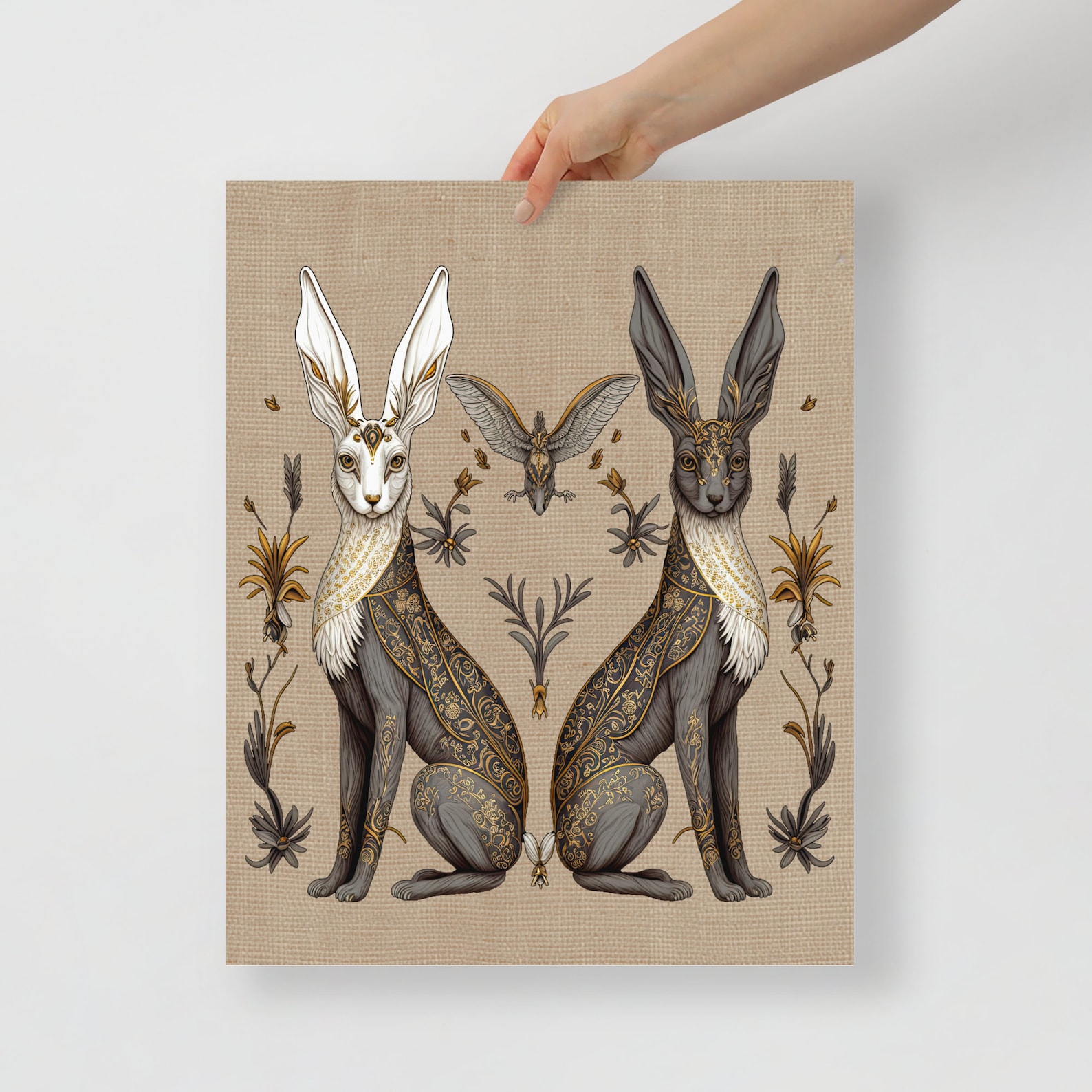 Two Rabbits Folk Art Print Hare Nature Illustration Witchy Celestial ...