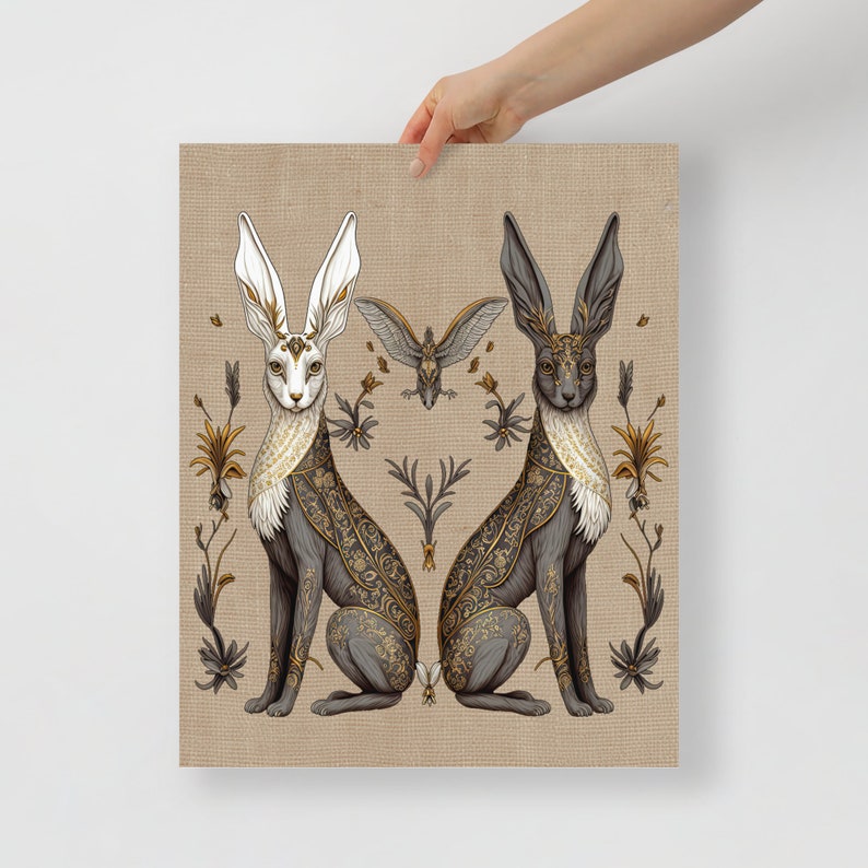 Two Rabbits Folk Art Print Hare Nature Illustration Witchy - Etsy