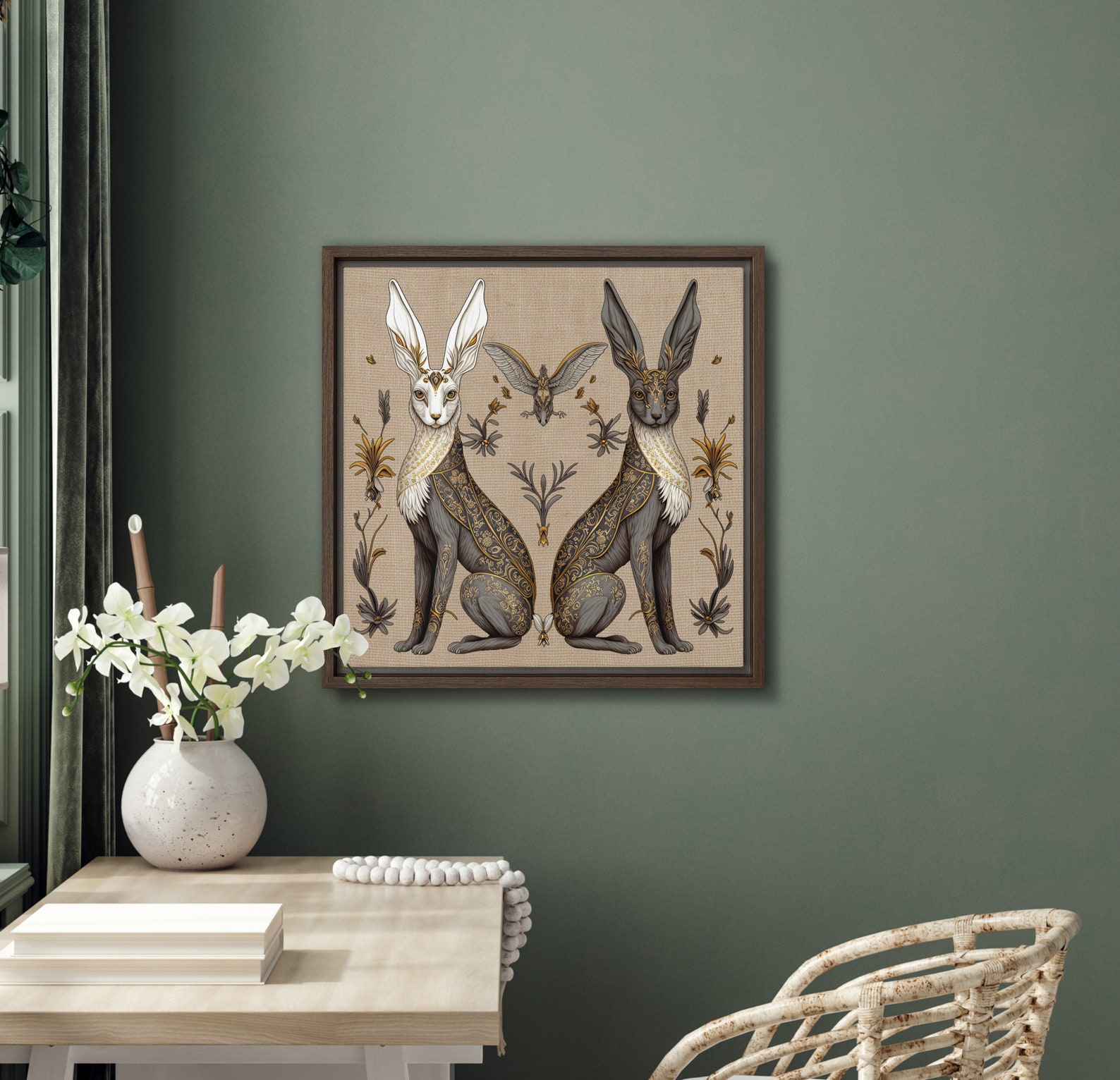 Two Rabbits Folk Art Print Hare Nature Illustration Witchy Celestial ...