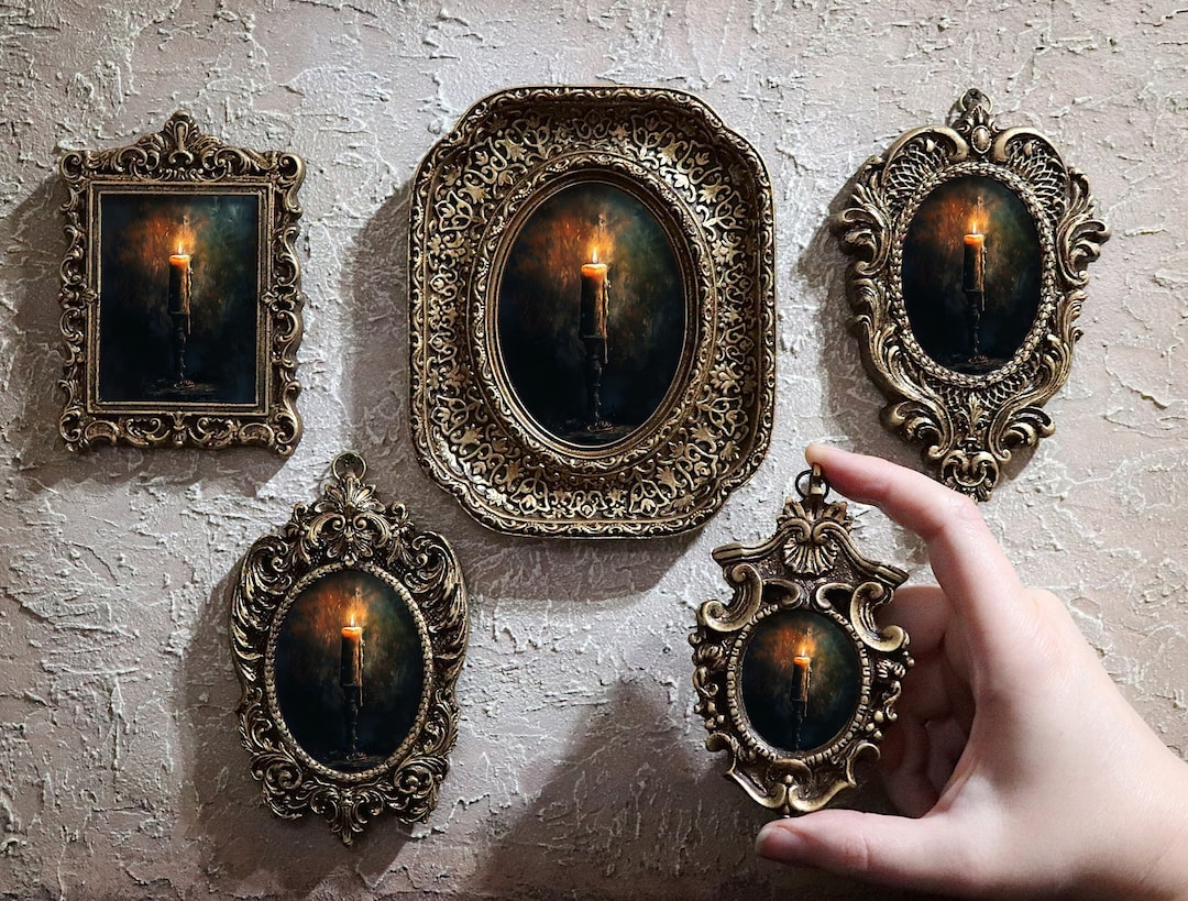 Lighted Candle Miniature Wall Art Little Framed Oil Painting Gothic ...