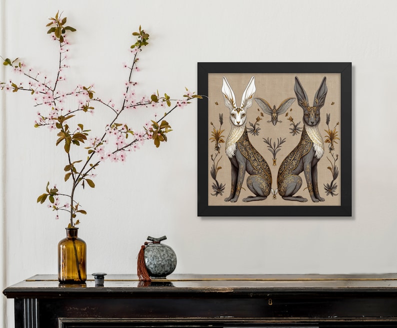 Two Rabbits Folk Art Print Hare Nature Illustration Witchy Celestial ...