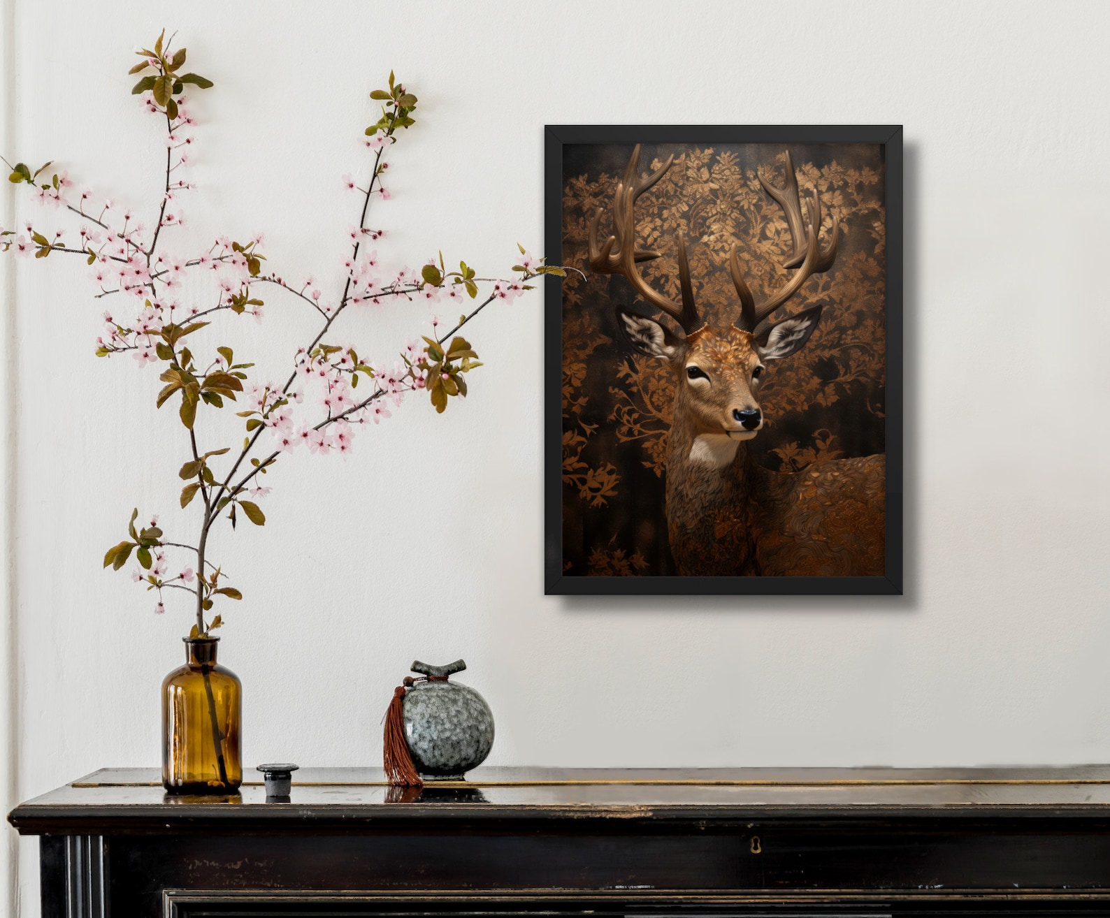 Deer Stag Gold Art Print Oriental Blue Flower Wildlife Blooming Wall ...
