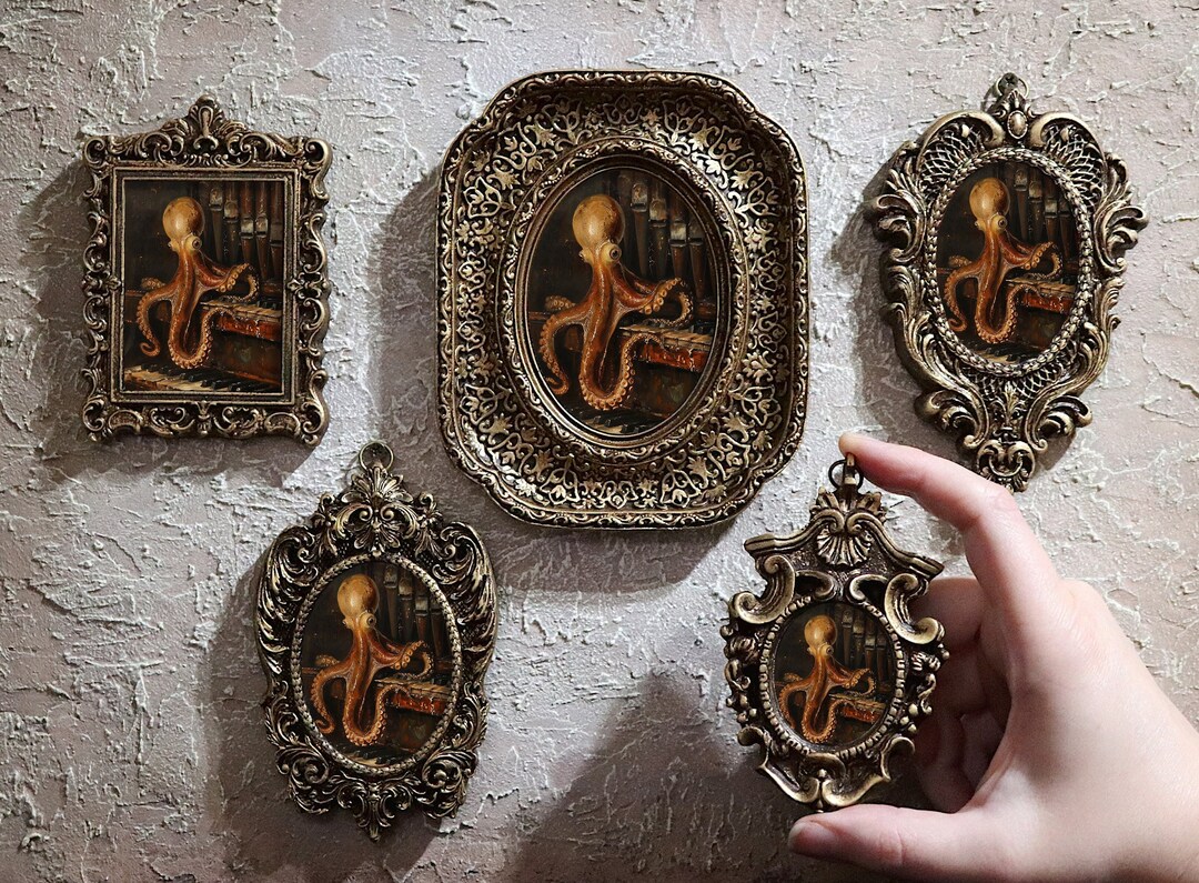 Tiny Painting Goth Octopus Playing Organ Miniature Wall Art Small ...