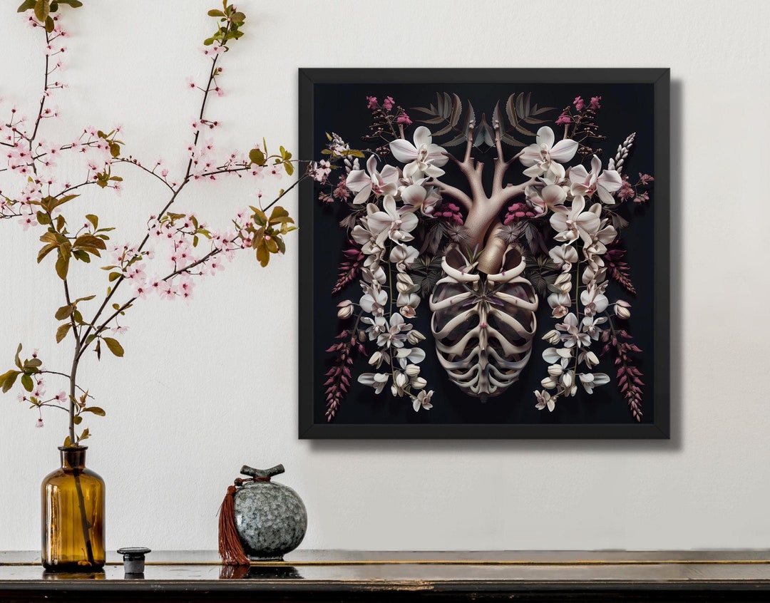 Floral Anatomy Art Print Surreal Poster of Ribcage and Orchids ...