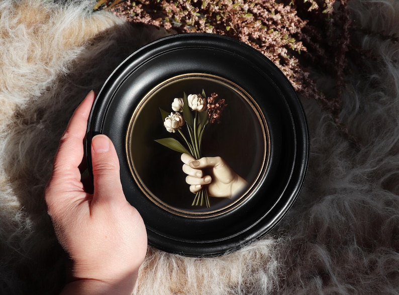 Hand & Flowers Painting Holding Art in Celestial Sun Frame Vintage ...