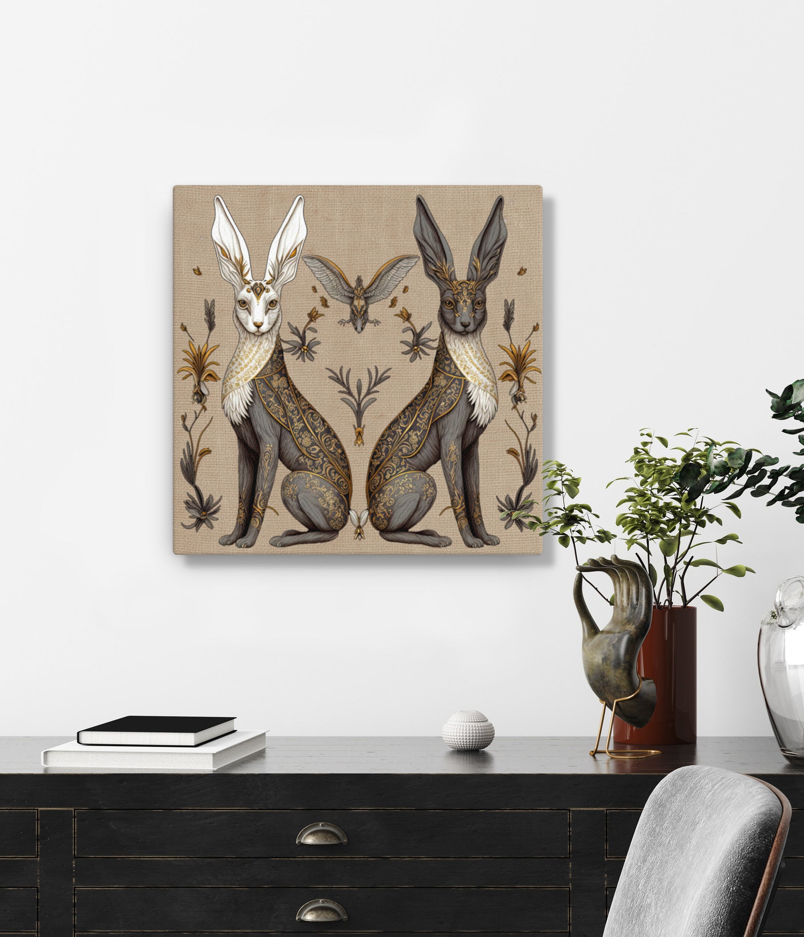 Two Rabbits Folk Art Print Hare Nature Illustration Witchy Celestial ...