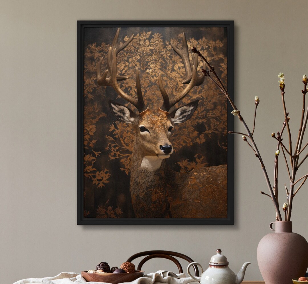 Deer Stag Gold Art Print Oriental Blue Flower Wildlife Blooming Wall ...