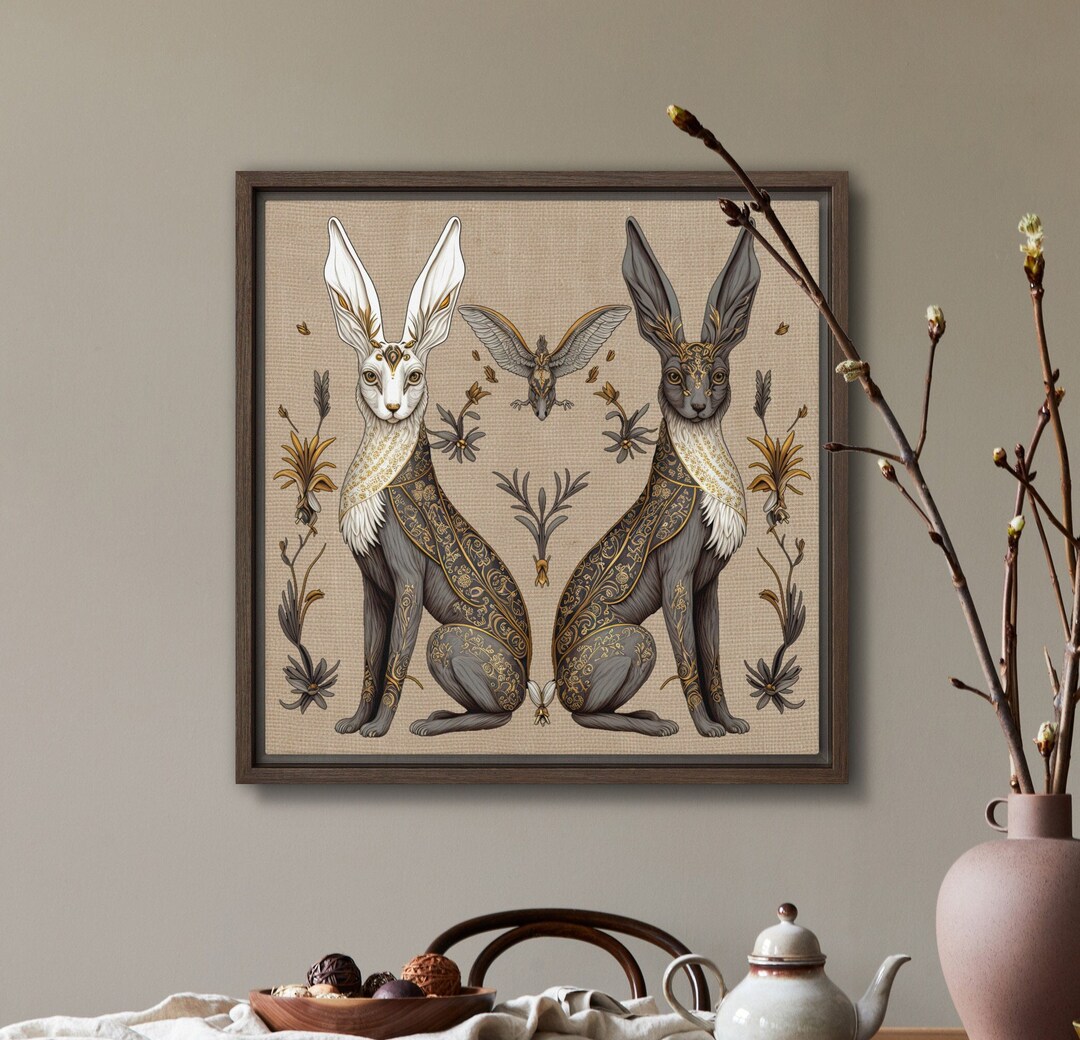 Two Rabbits Folk Art Print Hare Nature Illustration Witchy Celestial ...