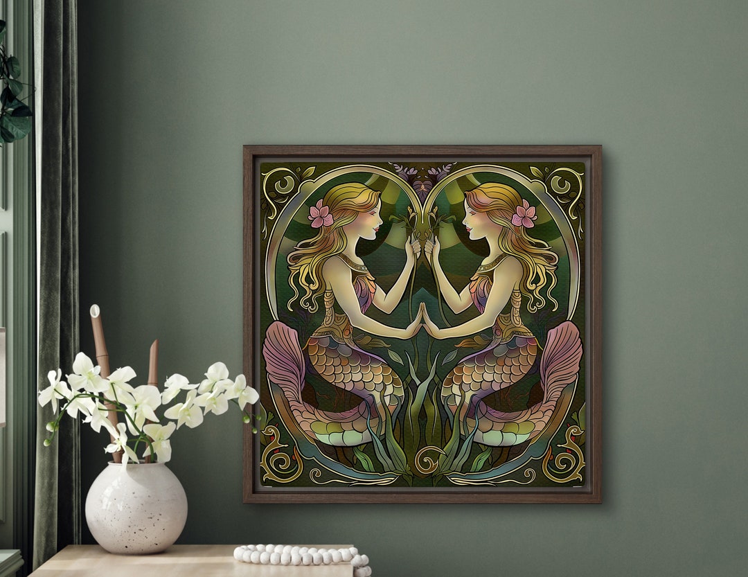 Two Mermaids Folk Art Print Maximalist Square Sage Green Underwater ...