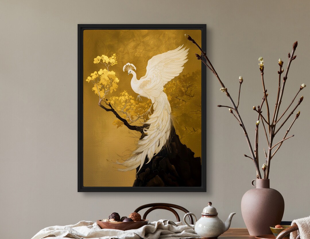 Phoenix Painting Japanese Style White Firebird Wall Art at Sunset Hō-ō ...