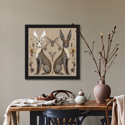 Two Rabbits Folk Art Print Hare Nature Illustration Witchy - Etsy