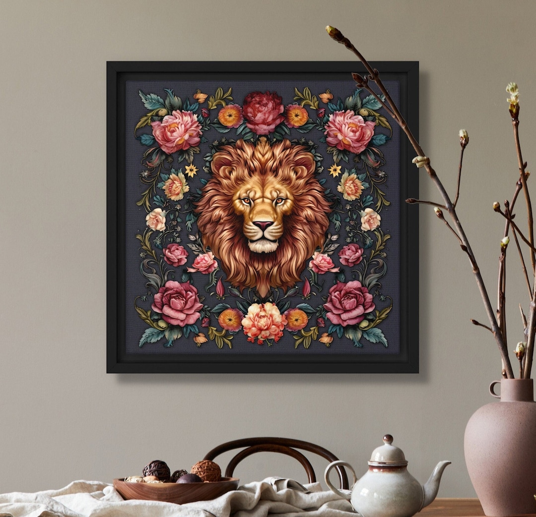 Lion Folk Art Print Maximalist Decor Animal Nature Illustration Flower ...