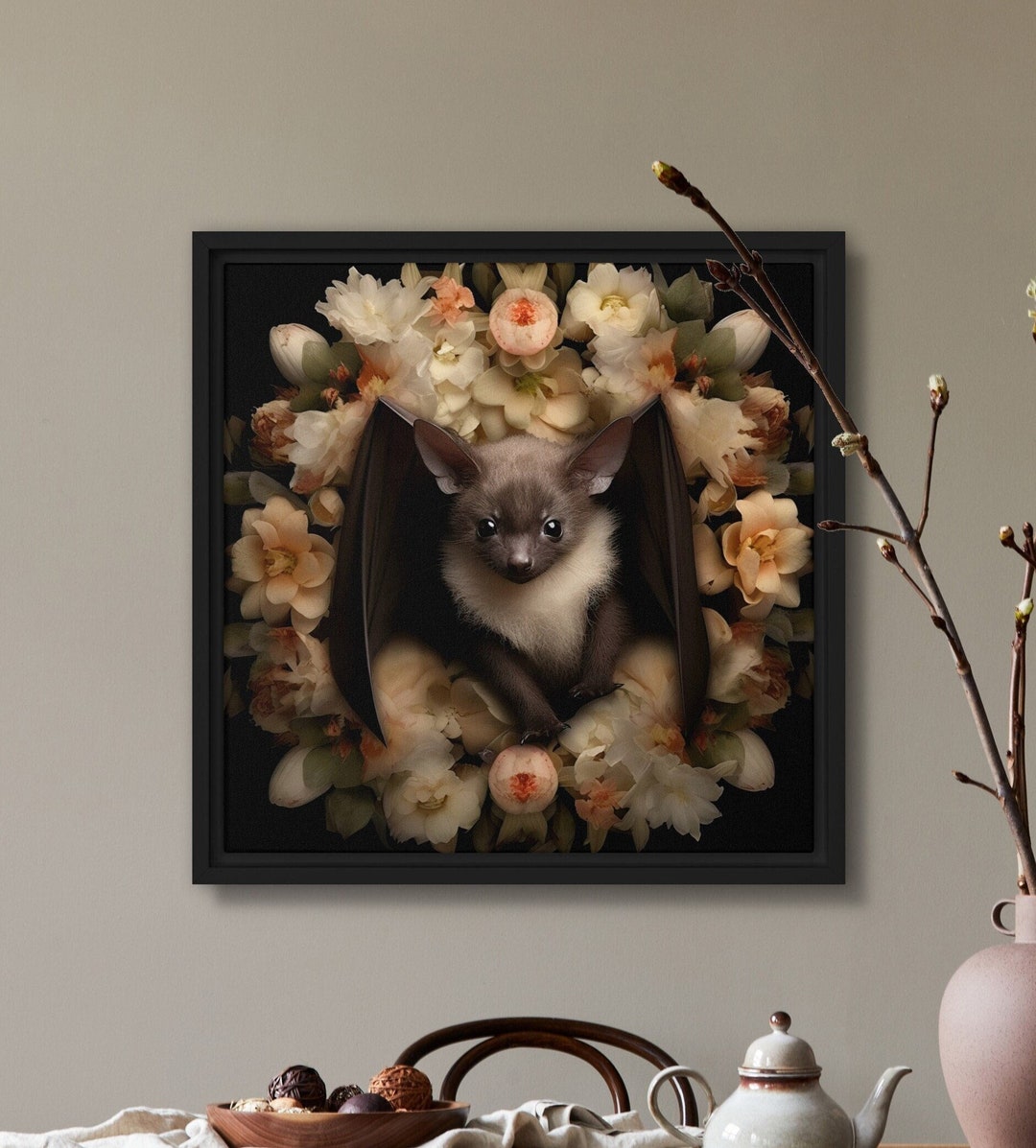 Cute Bat With Flowers Art Print Witch Décor Framed Home Creepy Occult ...